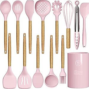 14 Pcs Silicone Cooking Utensils Kitchen Utensil Set - 446°F Heat Resistant,Turner Tongs,Spatula,Spoon,Brush,Whisk, Wooden Handles Pink Kitchen Gadgets Tools Set for Nonstick Cookware (BPA Free)