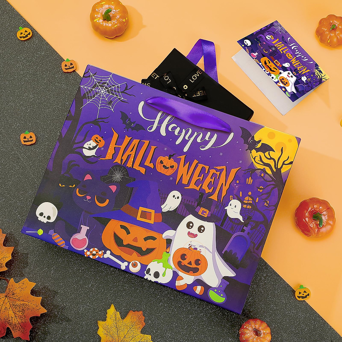 Large Halloween Party Gift Bag, Purple Halloween Paper Bags with Handle Halloween Tissue Paper Cute Pumpkin Skeleton Ghost Halloween Birthday Party Favors Decor for Trick or Treat Party Supplies