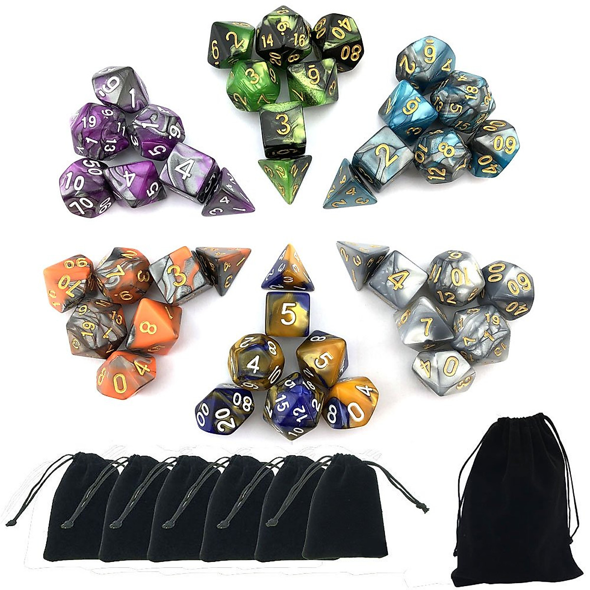 SmartDealsPro Double-Colors Polyhedral Dice Sets with Pouches for D&D DND RPG MTG Dungeon and Dragons Table Board Roll Playing Games D4 D6 D8 D10 D% D12 D20 (6-Color Sets)