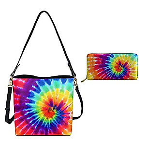 HUGS IDEA Rainbow Tie Dye Painting Crossbody Bag Tote Bucket Hobo Purse with Long Leather Wallet for Women Ladies Elegant Top-handle Shoulder Handbag