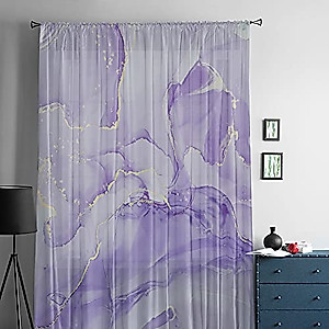 Chiffon Sheer Curtains & Drapes 45 Inch Long, Lightweight Breathable Voile Window Curtain Panels Purple Marble with Gold Glitter Splatter Curtains Backdrop Drapes for Bedroom Livingroom Wedding