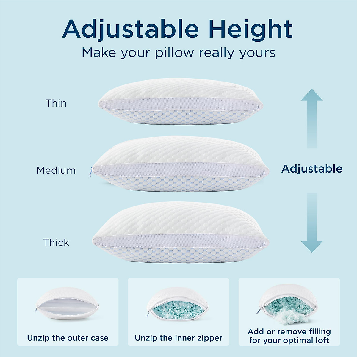 Bedsure Shredded Memory Foam Pillows - Firm Side Sleeper Pillows, Colling Pillows with Rayon Derived from Bamboo Breathable Cover & Adjustable Loft (1, King)