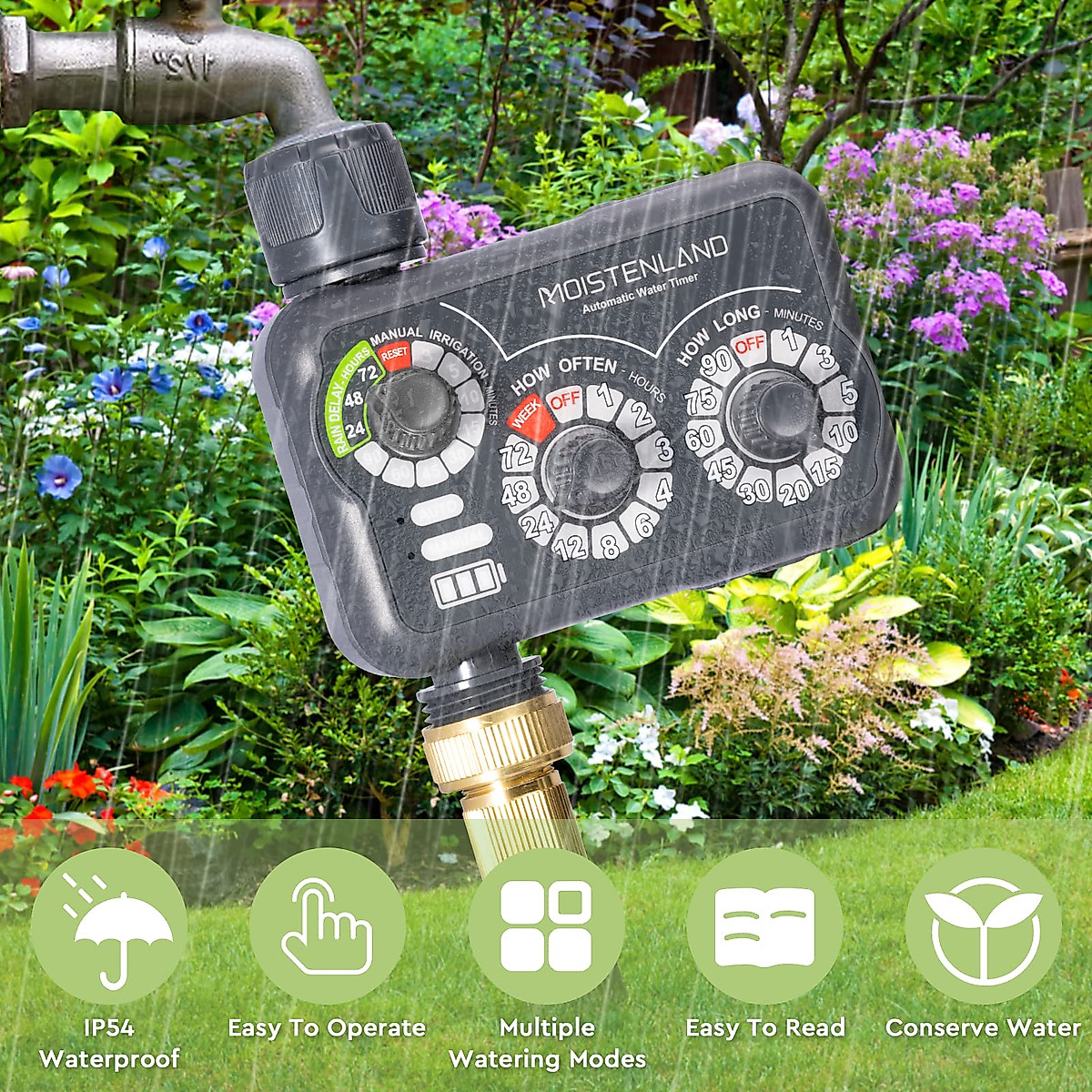 Moistenland Sprinkler Timer, Hose Timer, Lawn & Garden Watering Equipment, Programmable Water Timer with Rain Delay/Manual/Automatic Irrigation System, IP54 Waterproof