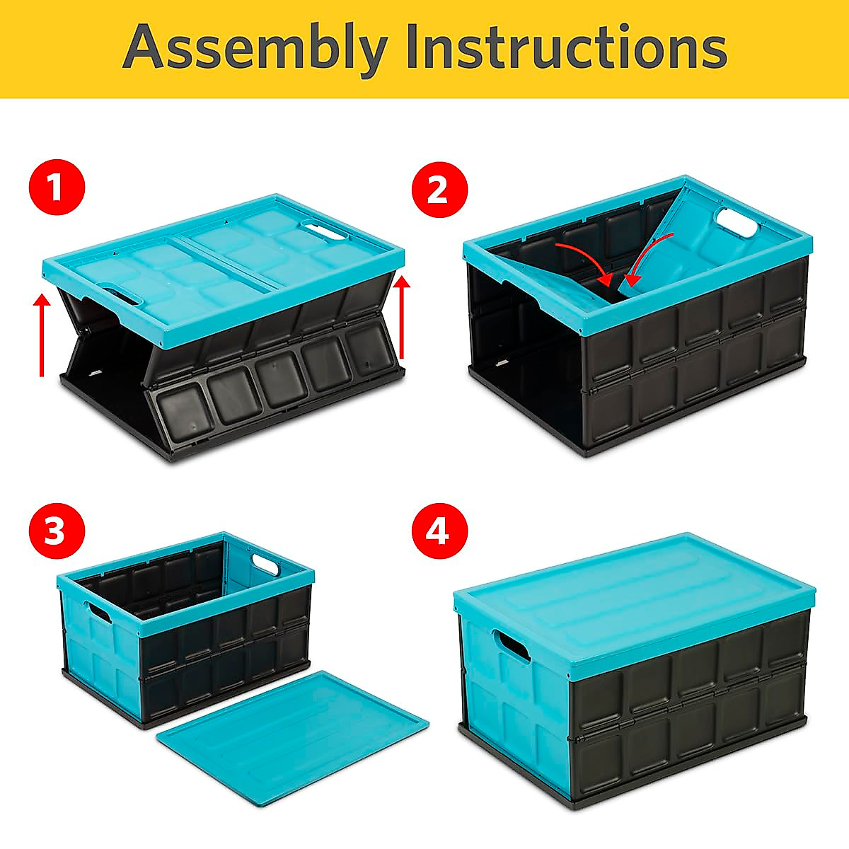 Glad Collapsible Storage Bin with Lid - 48L Foldable Plastic Box for Garage, Car Trunk, and Organization - Stackable Lidded Container with Handles, Turquoise