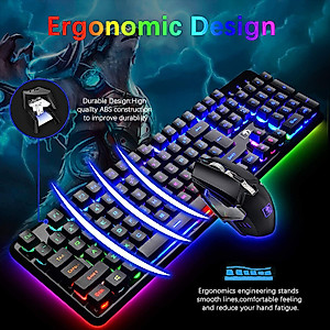 Wireless Gaming Keyboard Mouse and Wrist Rest Combo Rainbow Backlight Silent Mechanical Feel Keyboard with 7 Color Breathing Mute Mice Memory Foam Cushion Hand Rest for Computer PC Gamer