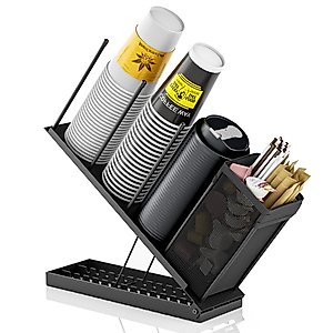 Dunatou Cup and Lid Holder, Adjustable Coffee Cup Holder Organizer, 4 Compartment Coffee Cup Dispenser, straw dispenser for Countertop Coffee Station Bar Office Breakroom, Black