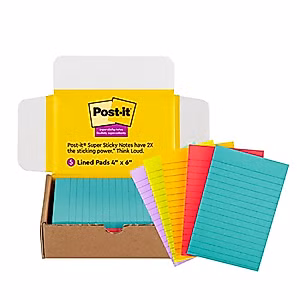 Post-it Super Sticky Notes, 4x6 in, 5 Pads/Pack, 90 Sheets/Pad, Amazon Exclusive Bright Color Collection, Aqua Splash, Acid Lime, Sunnyside, Guava and Iris Infusion