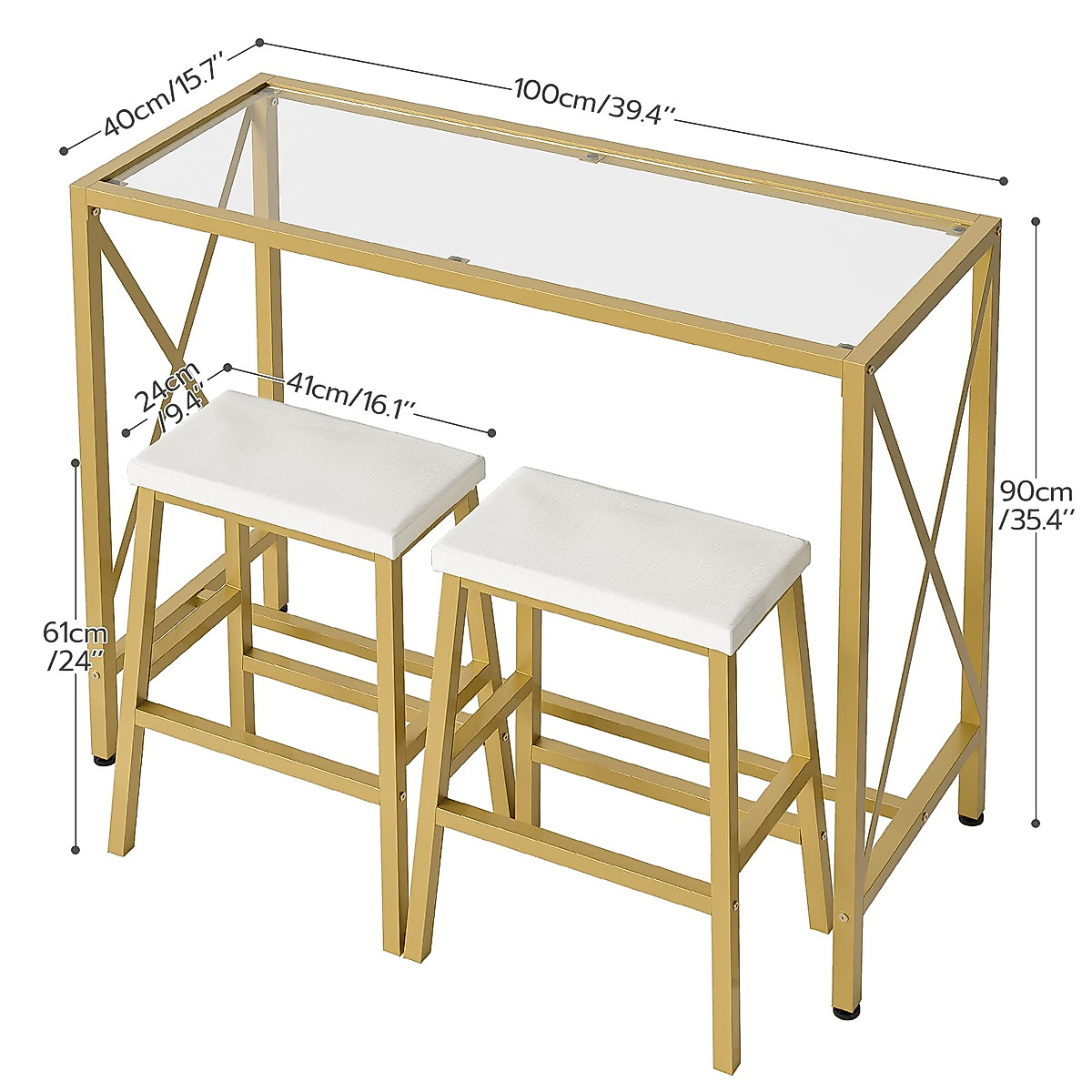 HOOBRO Bar Table Set of 2, 3 Piece Modern Bar Table and Chairs Set, 39.4'' Pub Table Dining Set, Counter Height Table, for Living Room, Kitchen Small Space, Gold and White GD14BT01