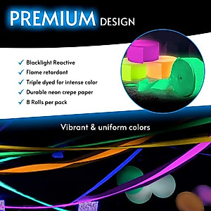 Glow King Black Light Streamers | 8 Pack of 100ft Fluorescent Rolls | Premium UV Reactive Neon Crepe Paper | Perfect for Blacklight Birthday Decorations and Events | Glow in the Dark Party Supplies