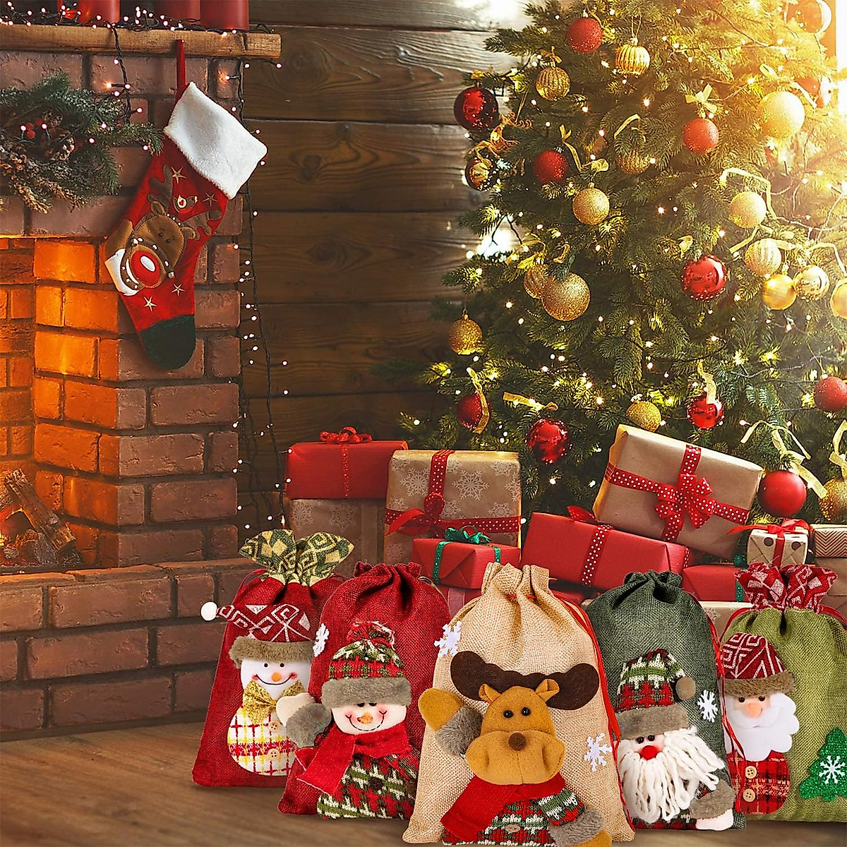 Whaline Drawstring Christmas Bags, 3D Xmas Gift Bags, Christmas Wrapping Bags, Xmas Goodie Bags, Red Treat Pouch Bags, Sack Stockings, Party Favor Bags, 8 x 11in, 8 x 12in (5 Pack)