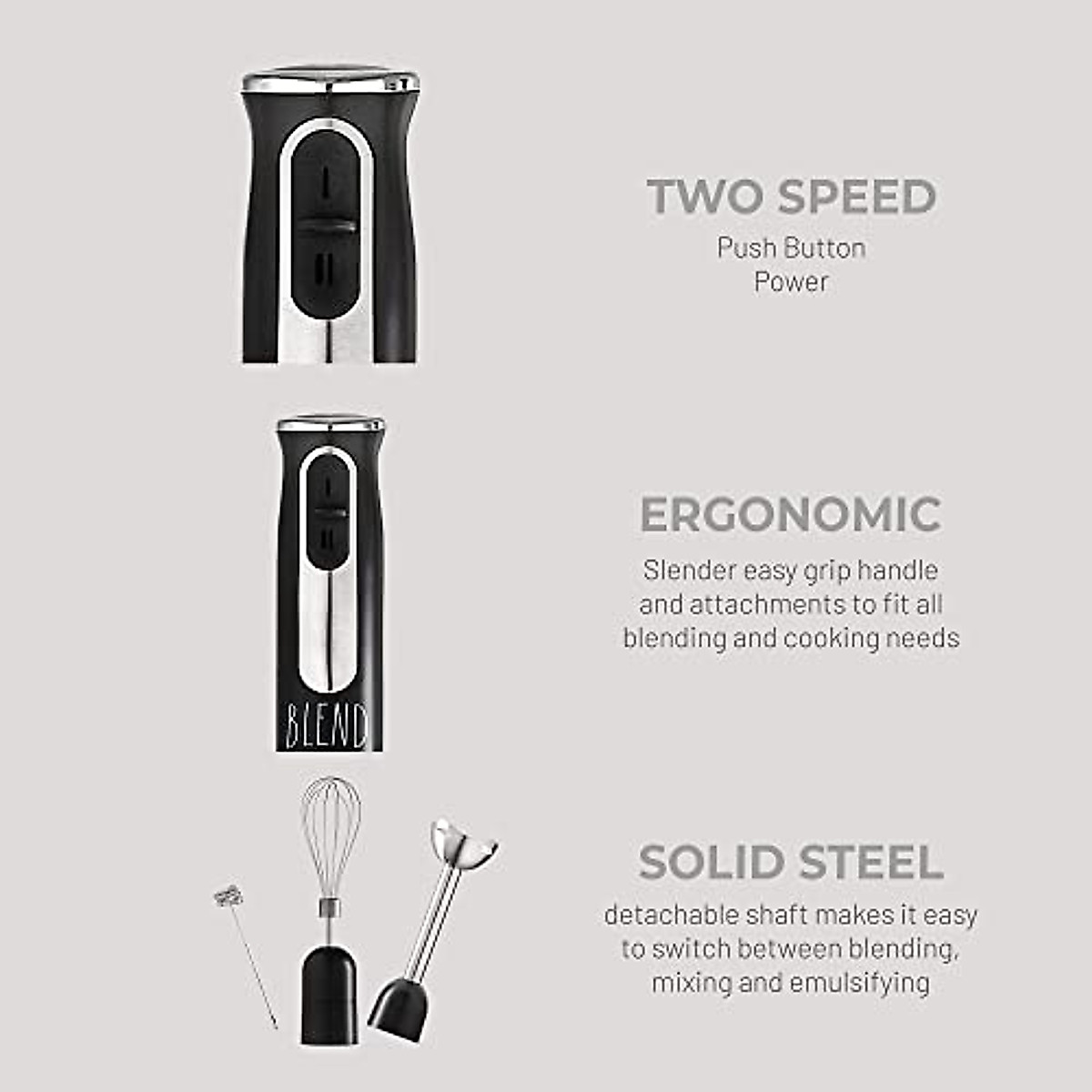 Rae Dunn Immersion Hand Blender- Handheld Immersion Blender with Egg Whisk and Milk Frother Attachments, 2 Speed Blender, 500 Watts, Stainless Steel Blade (Black)