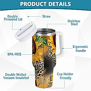 ODAWA 40 Oz Sunflowers Water Tumbler with Handle and Straw, Stainless Steel Insulated Tumblers