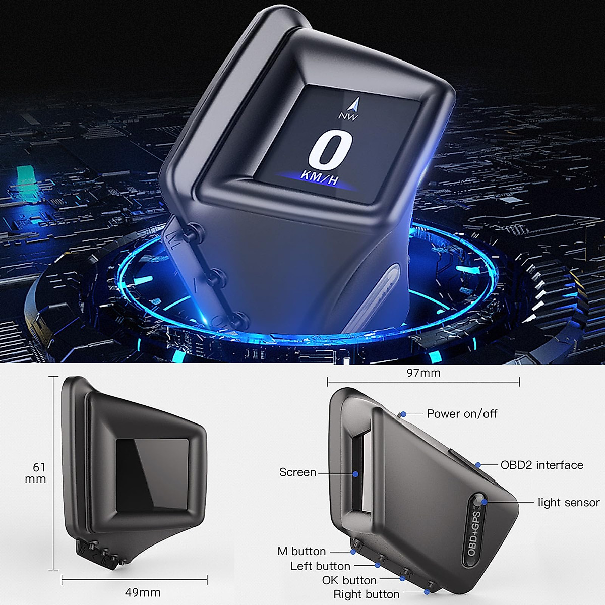 Geloo Car HUD Head Up Display, OBD2 HUD Display with OBDII GPS Dual System OBD2 Speedometer Gauge 8 Modes Multifunction Gauge Dashboard Display Smart Gauge can Installed Dashboard or A-Pillar Trim