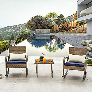 LOKATSE HOME 3 Pcs Outdoor Rattan Conversation Furniture Patio Bistro Wicker Set Modern Rocking Chair with Cushion & Coffee Table, Beige