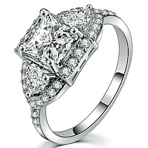 FENDINA Womens 18K White Gold Plated 3 Stone CZ Crystal Eternity Promise Ring Engagement Wedding Bands, Size 6