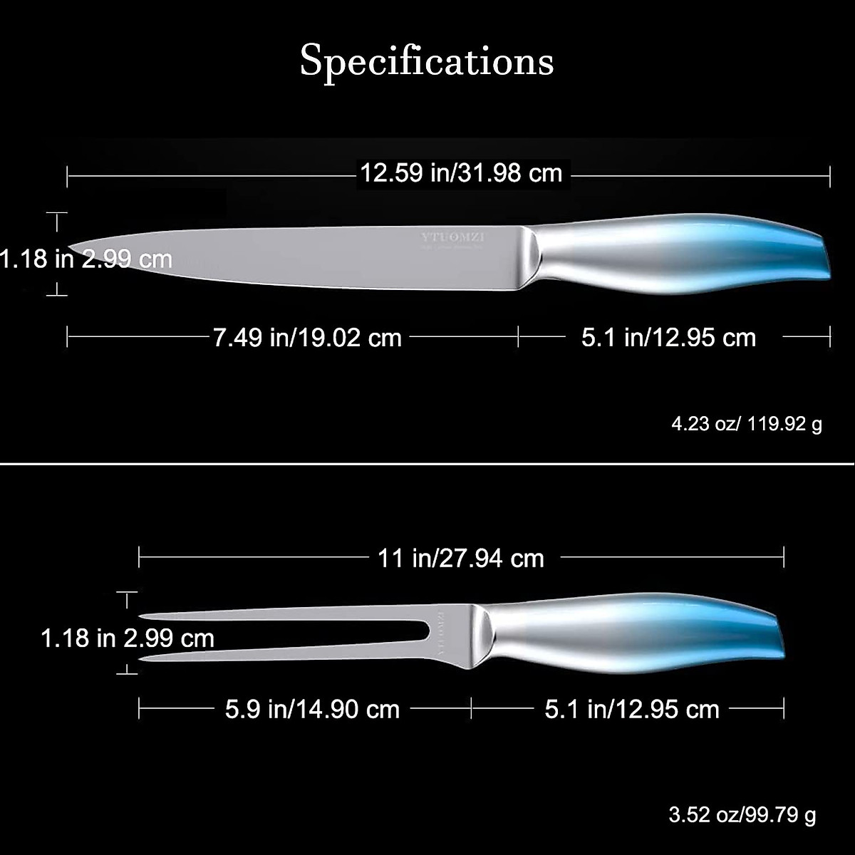 BECOKAY Carving Knife and Fork Set, High Carbon German Steel, 12" Meat Carving Knife and 11" Fork for Outdoor Camping Family Barbecue BBQ Turkey Gift, with Elegant Full Tang Handle (Blue)
