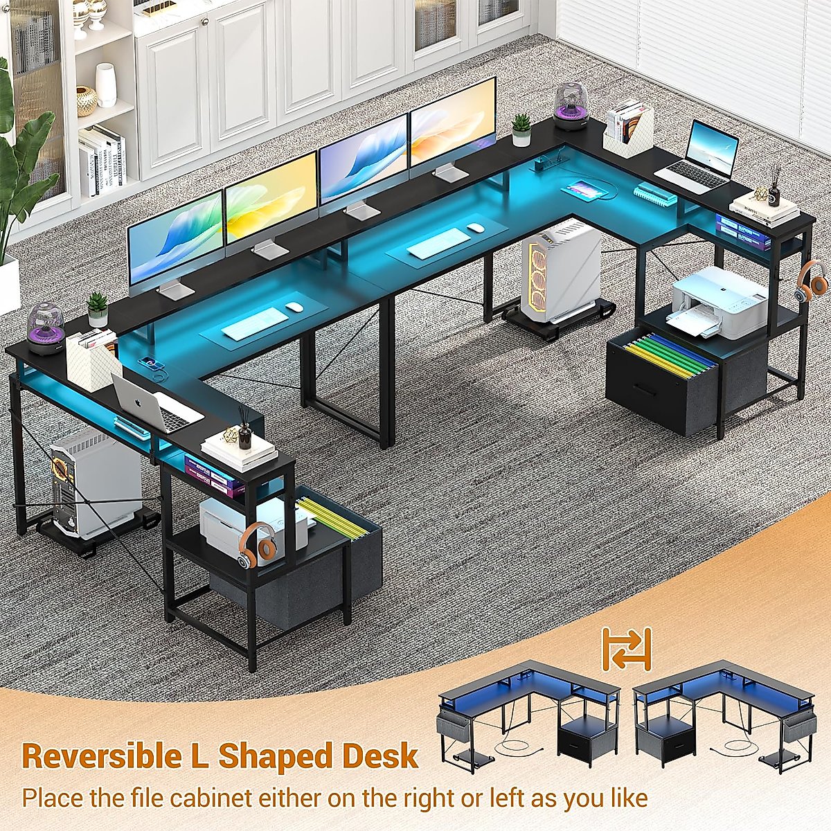Unikito L Shaped Desk with File Drawer, Reversible L Shaped Computer Desk with Power Outlet & LED Lights, Home Office Desk Corner Desk with Monitor Shelf and Printer Cabinet, Gaming Desk, Black