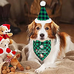 Comtraker Christmas Dog Bandana Hat Bow Tie Set Christmas Green Buffalo Plaid Pet Triangle Scarf Adjustable Bowtie Dog Outfit Decoration Small Medium Large Dog Cat Pet