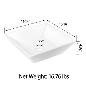 Sinber 16" x 16" x 4.92" White Square Ceramic Countertop Bathroom Vanity Vessel Sink BVS1616A-OK