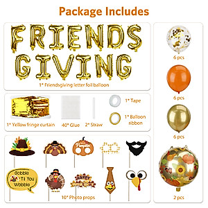 Friendsgiving Party Decorations, Friendsgiving Balloons Garland Kit includes Gold "FRIENDS GIVING" Foil Banner, 14 Balloons, 10 Photo Props and 1 Gold Fringe Curtain, 38 Pcs Thanksgiving Fall Decor