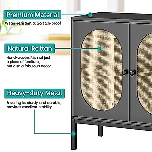 IDEALHOUSE Buffet Cabinet, Rattan Storage Cabinet with Doors and Shelves, Accent Cabinet Sideboard, Wood Console Cabinet with Storage Entryway Cabinet for Living Room, Dining Room, Hallway (Black)