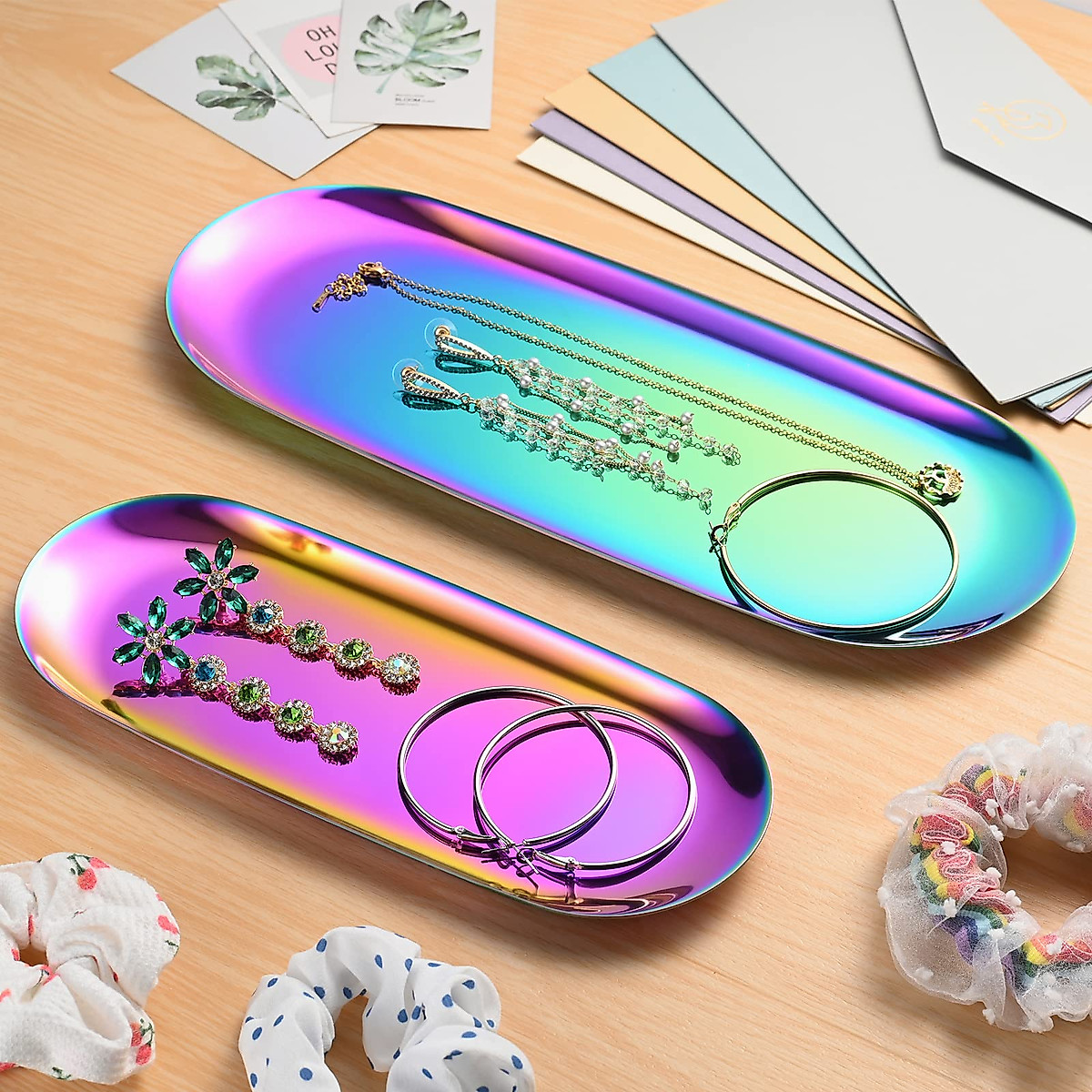 2 Pieces Rainbow Color Oval Stainless Steel Tray, Coffee Table Tray, Tray for Jewelry and Cosmetics, Candle Tray, Mini Candy Tray