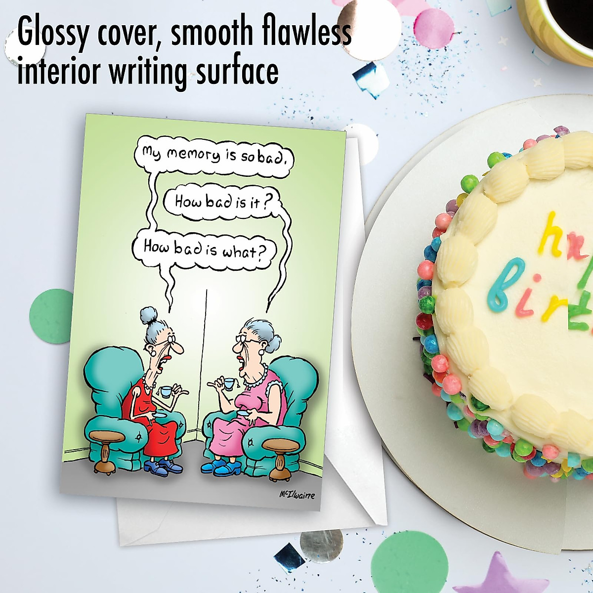 NobleWorks - 1 Funny Birthday Card for Women, Wife - Happy Bday Cartoon, Woman Notecard with Envelope - Bad Memory C3680BDG