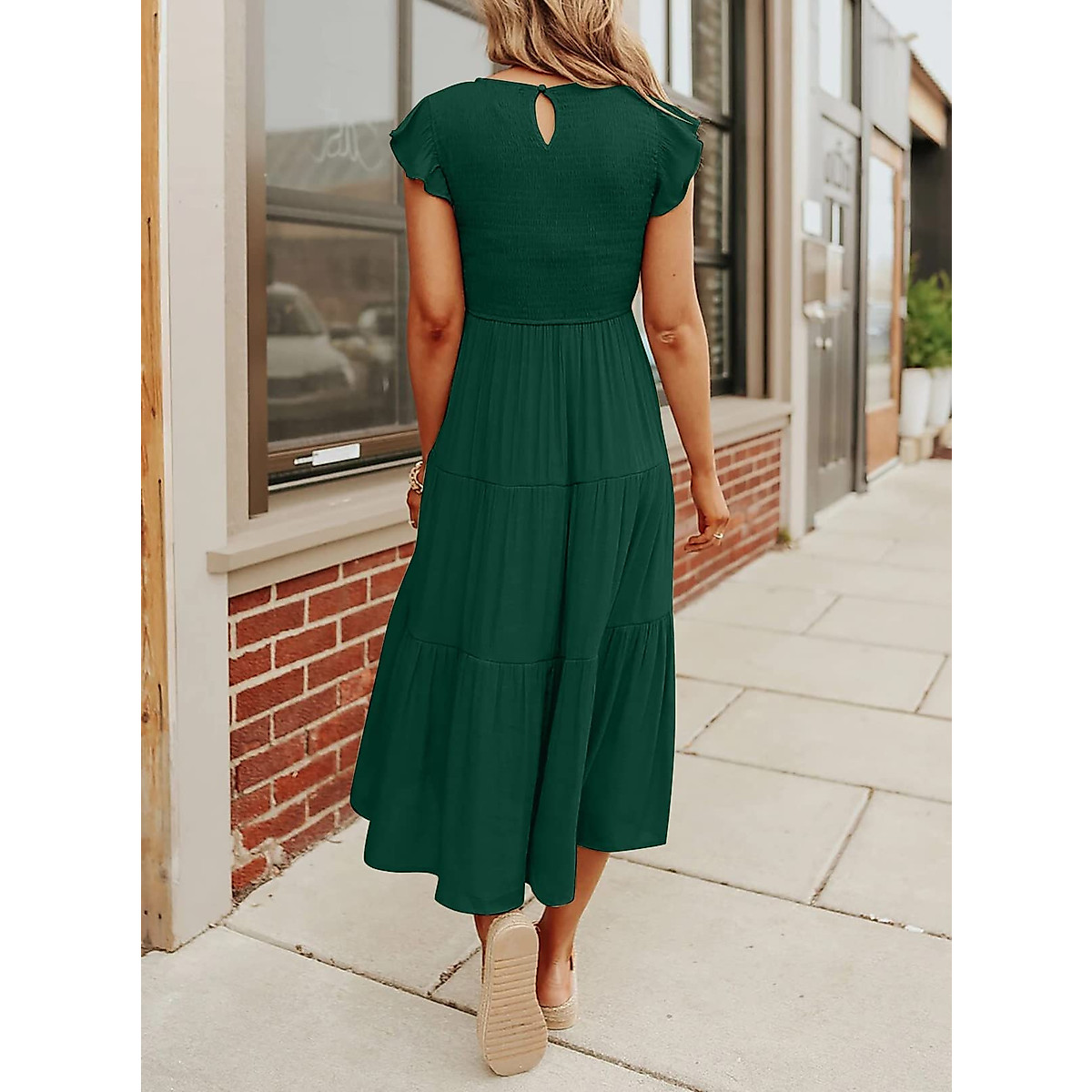 MEROKEETY Women's Summer Casual Short Sleeve Round Neck Smocked High Waist Flowy Sun Midi Dress,ForestGreen,L