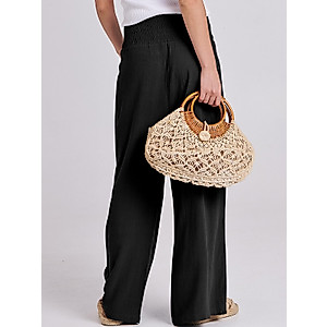 ANRABESS Women Linen Palazzo Pants Summer Boho Wide Leg High Waist Casual Lounge Pant 2024 Beach Travel Vacation Outfits Black Medium