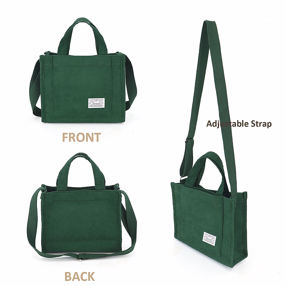 UERRUAM Corduroy Tote Bag for Women Work Crossbody Purse for Everyday,College,Travel,Lightweight Handbag Adjustable Strap,Small,Green