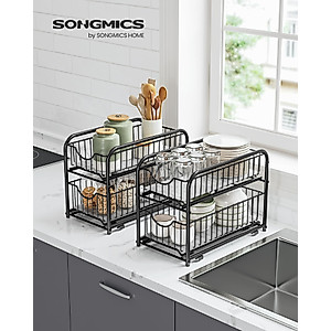 SONGMICS 2-Tier Pull Out Cabinet Organizers, Under Sink Organizer, Bathroom Organizer and Storage, Sliding Basket Drawers, Stackable for Kitchen, Bathroom, Ink Black UKCS017B01