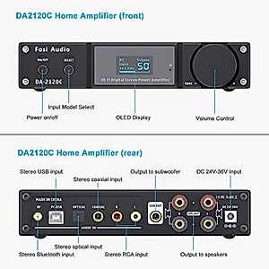 Fosi Audio DA2120C 240W Bluetooth 5.0 Stereo Audio Hi-Fi DAC Amplifier Support aptX 24Bit-192kHz 2.1 Channel Integrated Class D Power Amp with RCA/PC-USB/Coaxial/Optical Input and Remote Control