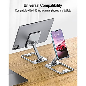 Folding Cell Phone Stand, Adjustable Desktop Phone Holder Dock Compatible with Phone 14 13 12, Plus, Pro, Pro Max, Samsung Galaxy S22 S10, 4-10 inch Tablet (Silver)