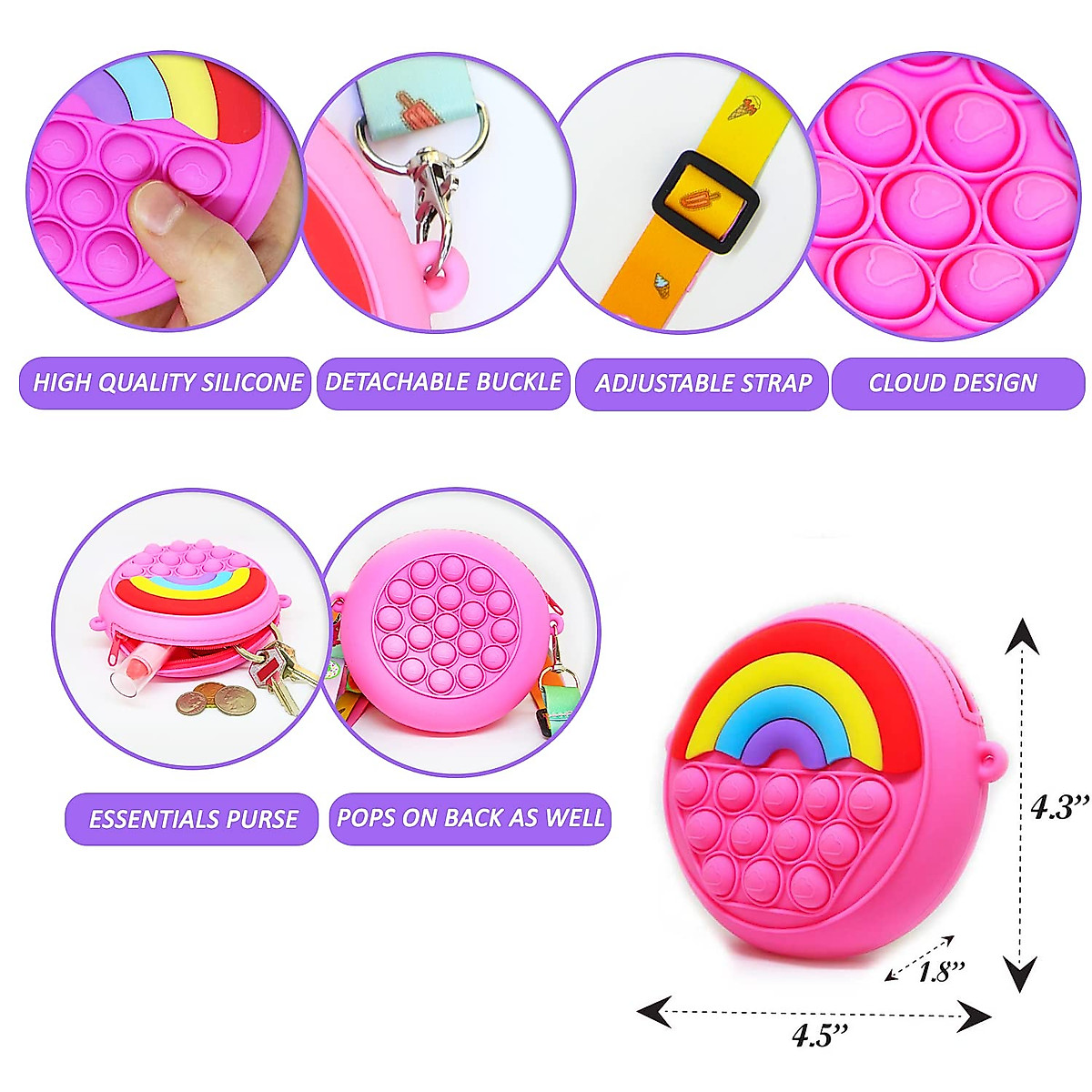 Pink Rainbow Pop Purse for Girls | Crossbody Shoulder Rainbow Pop Purse for Girls| Stress Relief Sensory Pop Purse| Party Favors for Girls| Pop Birthday Gifts