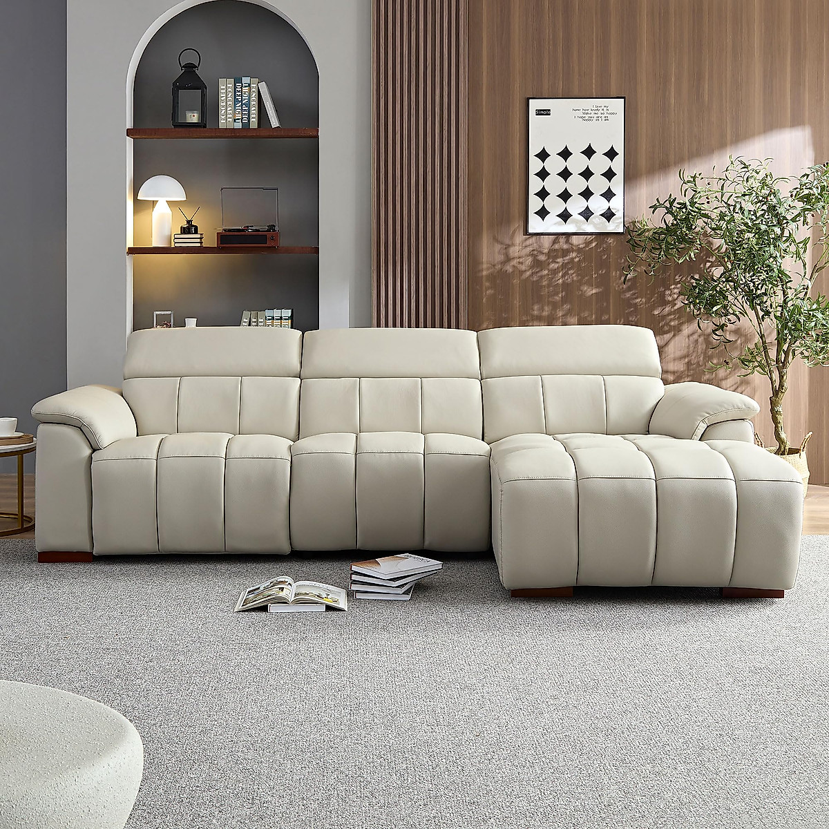 DREAMODERN 113.38" W Genuine Leather Sectional Sofa Couch with Power Recliner Chair for Living Room, Convertible L-Shaped Sofa Couch with USB Charge Ports for Home Office - Right Hand Facing, Gray