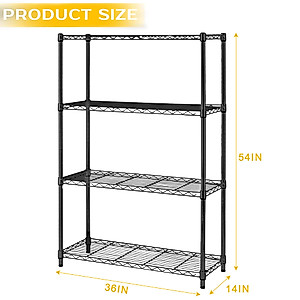 Vnewone 4-Tier Storage Shelves Large Wire Shelving Unit NSF Metal Garage Shelving 54”x36”x14” 1000 LBS Capacity Heavy Duty Height Adjustable Commercial Grade Utility Steel Rack with Wheels,Black