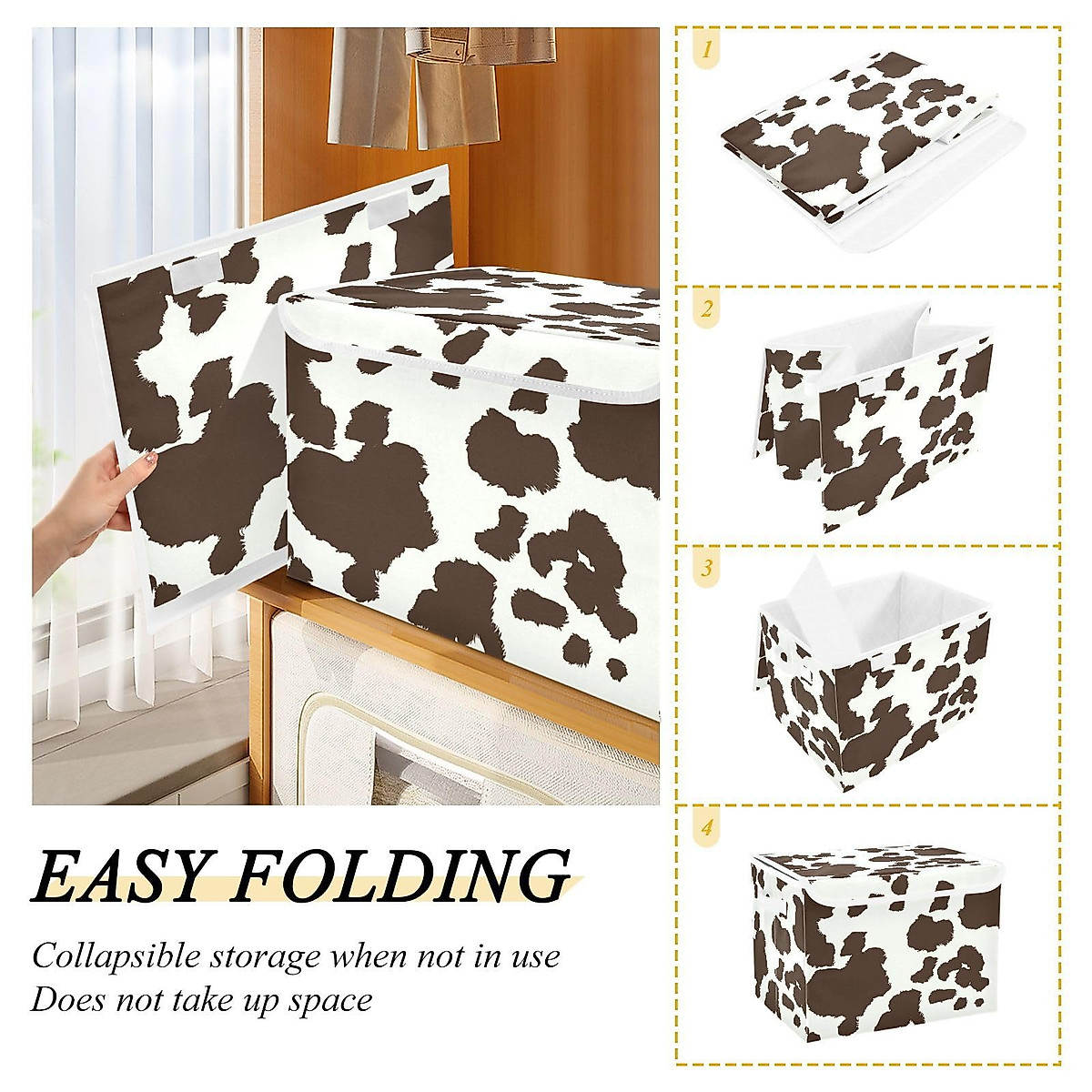 ALAZA Collapsible Large Storage Bin with Lid, Brown Cow Print Foldable Storage Cube Box Organizer Basket with Handles, Clothes Blanket Box for Shelves, Closet, Nursery, Playroom