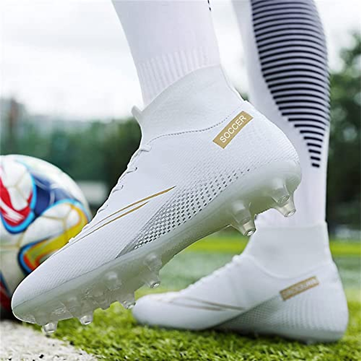 MFSH Unisex-Cleats Soccer Shoes for Big Boy Fg/ag High-top Spikes Football Shoes for Younth Professional Training Turf Indoor Ankle Boots Athletic Sneaker A-White