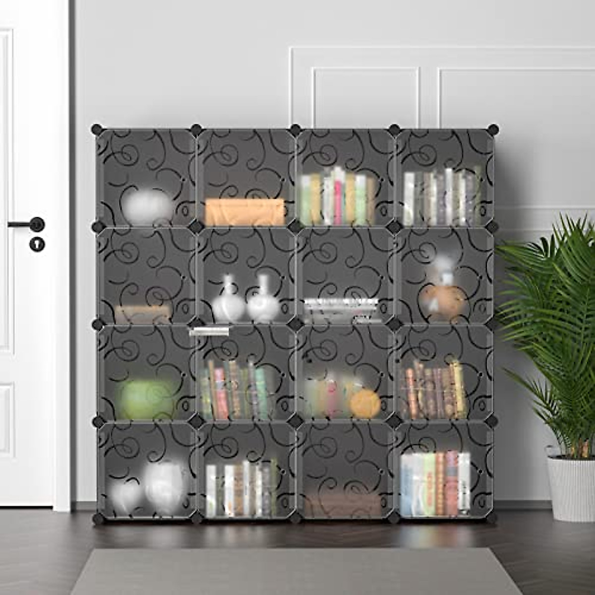 16 Cubby Clothes Storage Shelves, Cube Plastic Closet Organizer with Doors, 12" × 12" Modular , Portable Closet Wardrobe for Bedroom, Home, Black (4 × 4 Cubes)