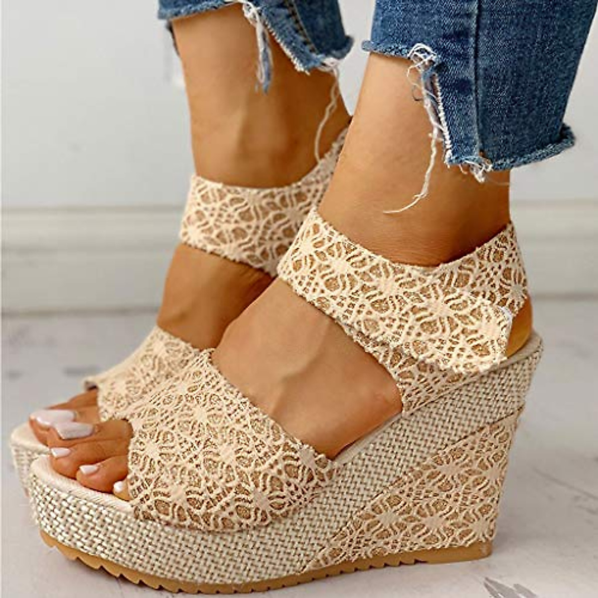 Aniywn Women Espadrilles Platform Wedges Heel Lace Up Sandals Elegant Floral Classic Ankle Strap Shoes