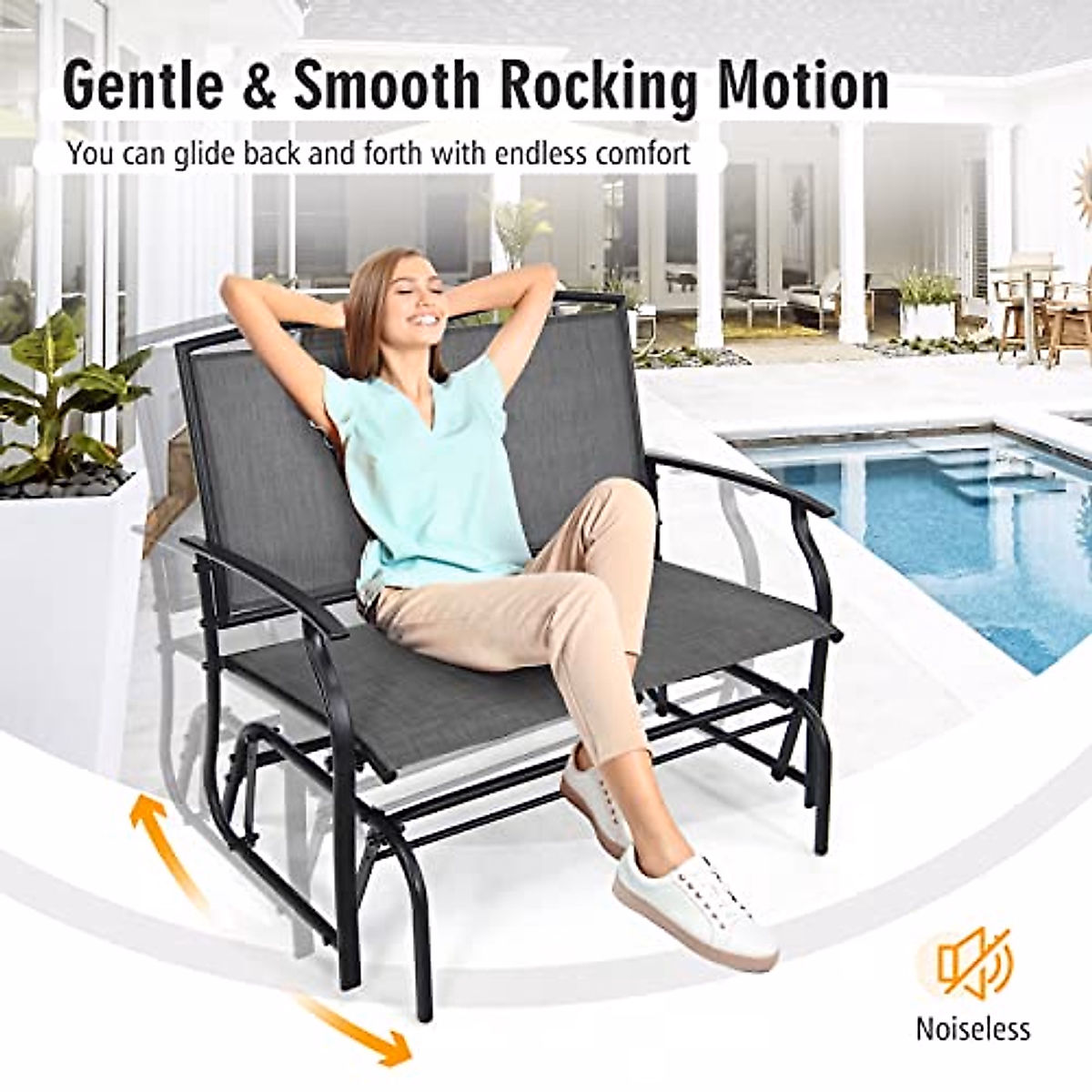 Tangkula 2-Person Patio Glider Bench, Outdoor Rocker Glider Loveseat Chair W/Heavy-Duty Steel Frame, Breathable Seat Fabric, Rocking Lounge Chair for Poolside, Garden, Backyard (Grey)