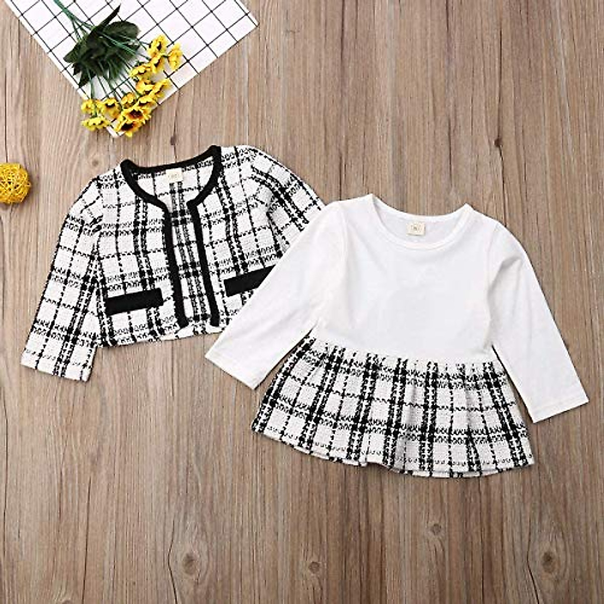2Pcs Toddler Baby Girls Kid Long Sleeve Plaid Cardigan Coat Outwear +Plaid Dress Tutu Skirt Princess Party Formal Outfits (Gray and White Plaid Coat + Tutu Dress, 4-5T)