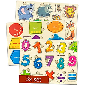 QUOKKA Toddler Puzzles Ages 2-4 – Wooden Puzzles for Kids 1-3-5 Year Old – Learning Travel Game with Numbers Animals Shapes – Wood Educational Gift for Boys and Girls