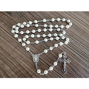 Catholic Pearl Beads Rosary Necklace Metal Beaded Miraculous Medal & Cross Rosary for Women (Silver)