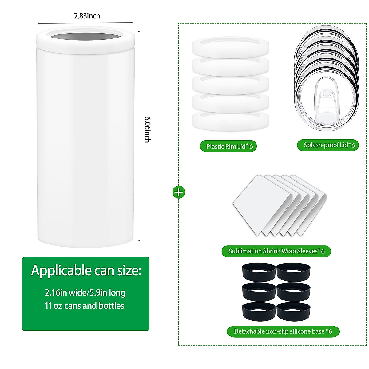 Ninth DIY Transfer Sublimation Blanks Can - 11 oz Stainless Steel Beer Can Insulated Cooler Beer Holder Sublimation Skinny Blanks Can with Splashproof Lid, Non-slip silicone Base