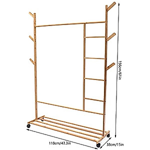 43.3" Bamboo Clothing Garment Rack, Clothes Coat Hanger w/6 Side Hooks Combo, Free Standing Closet Organizer Rack Entryway Bedroom Storage Shelves Clothes Hanging Rack With 360°Rotation Roller Wheels