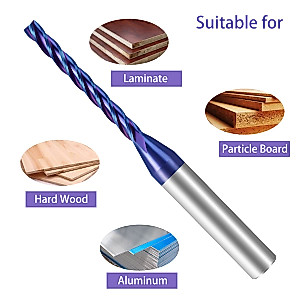 XUANFENG 4 Flutes NACO Coating Up Cut Spiral CNC Router Bit 1/4 inch Shank, 1/8 inch Cutting Diameter End Mill for 2D 3D Wood Cut, Carving Size: 1/8x1-1/4x 2-1/2" Shank 1/4" STF445