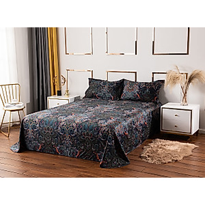 Softta Vintage Paisley Bedding Sets 4Pcs Deep Pocket Bed Sheet Set Queen Size Rustic Damask Black Flat Sheet+Fitted Sheet+2 Pillowcase Shabby Floral 100% Brushed Cotton Boho Bedding Collections