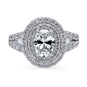 BERRICLE Sterling Silver Halo Wedding Engagement Rings Oval Cut Cubic Zirconia CZ Statement Cocktail Split Shank Ring for Women, Rhodium Plated Size 4