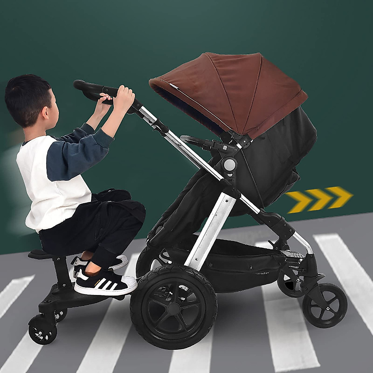Gdrasuya10 55 x 33 x 36 cm Universal Pram Pedal Adapter, Comfort Wheeled Board Stroller Ride Board with Detachable Seat, Holds Children Up to 25kg
